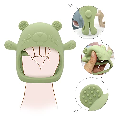 AMM Goods Marmot Silicone Baby Teether Toy, Nipple Shape Hand Pacifier, Chew Toys for Sucking Needs. Never Drop Mitten Teether, Soothing Sore Gums, Teething Pain Relief (Olive)
