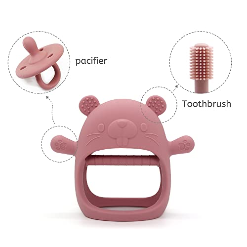 AMM Goods Marmot Silicone Baby Teether Toy, Nipple Shape Hand Pacifier, Chew Toys for Sucking Needs. Never Drop Mitten Teether, Soothing Sore Gums, Teething Pain Relief (Olive)