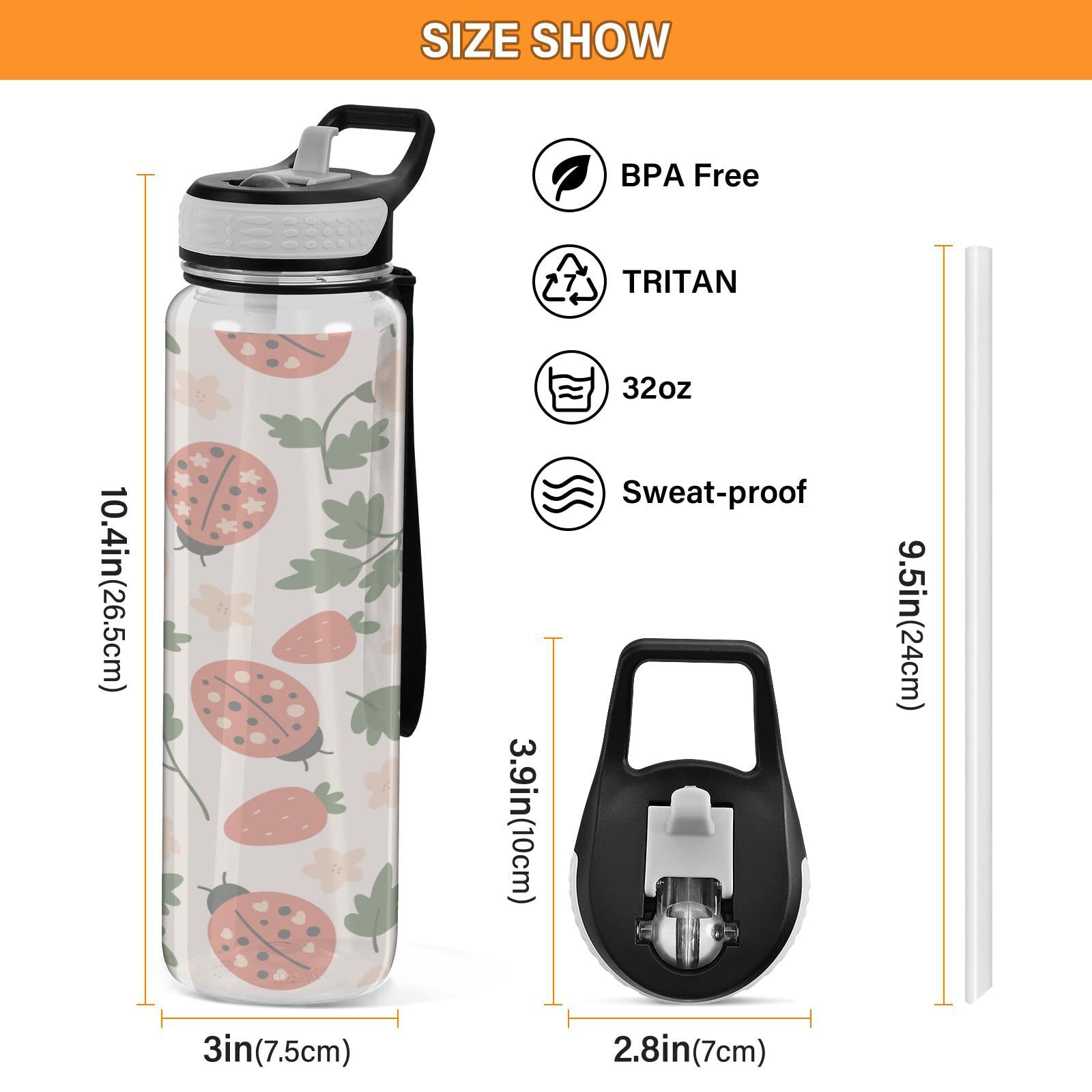 xigua Ladybug Water Bottle with Straw Lid,32 oz Leakproof Sport Water Bottle with Wide Handle for Gym,Cycling,School,Travel