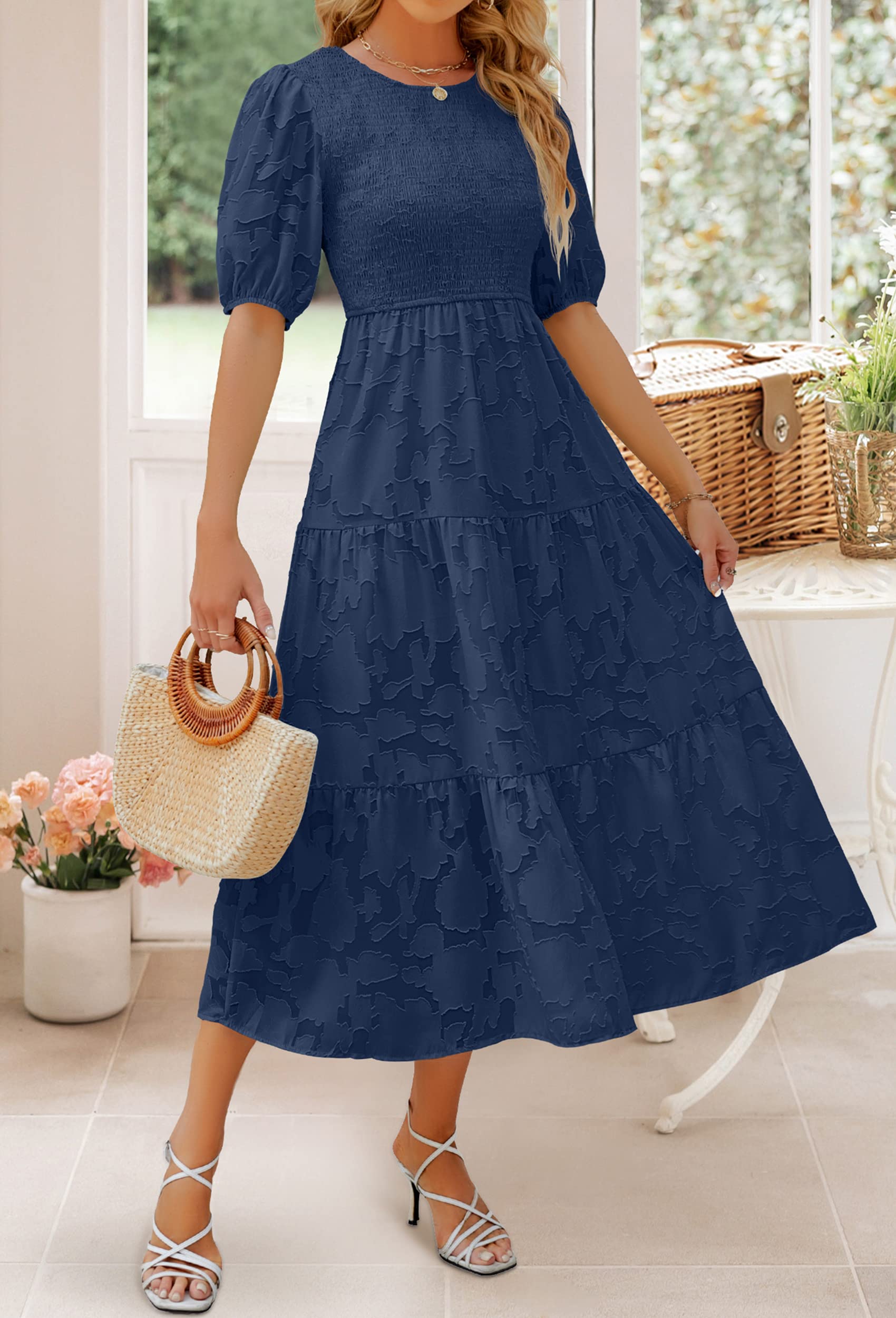 ZESICA Women's 2025 Summer Short Puff Sleeve Crewneck Smocked Floral Lace Flowy A Line Tiered Maxi Dresses,Navy,Large