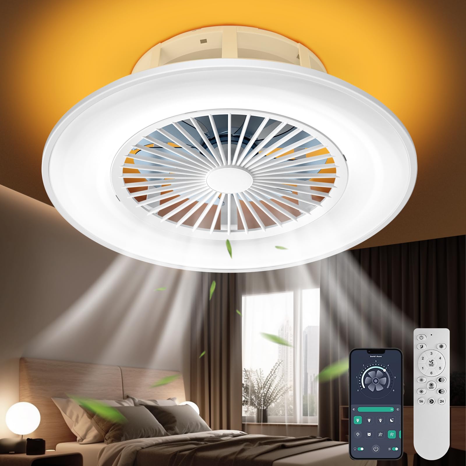 22 Inch Ceiling Fan with Lights Remote Control, Bladeless Bedroom Ceiling Fans with Lights Dimmable, 6 Speeds LED Ceiling Fan Quiet, Night Light/Color Temperature Adjustment/Timing Off/App Control