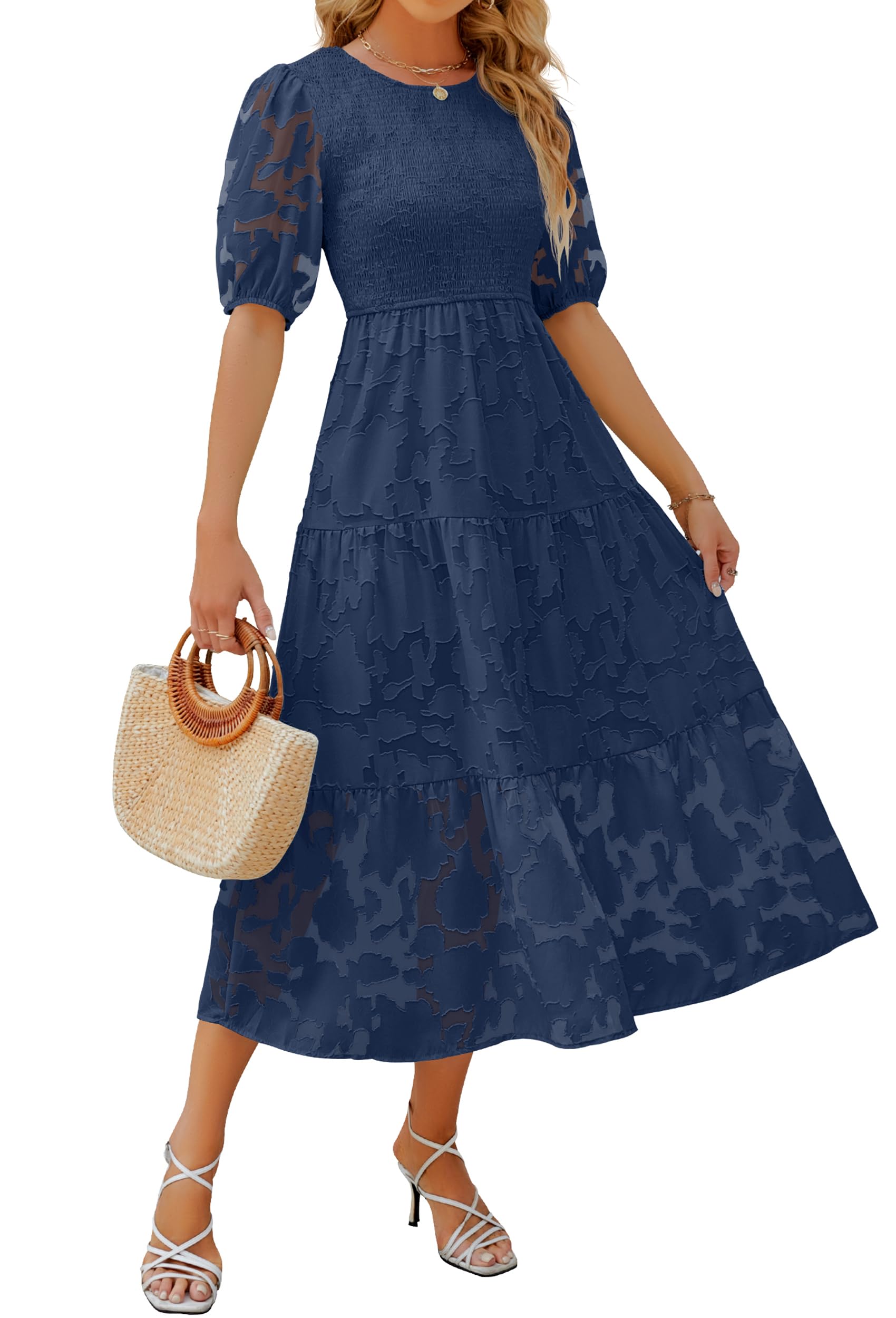 ZESICA Women's 2025 Summer Short Puff Sleeve Crewneck Smocked Floral Lace Flowy A Line Tiered Maxi Dresses,Navy,Large
