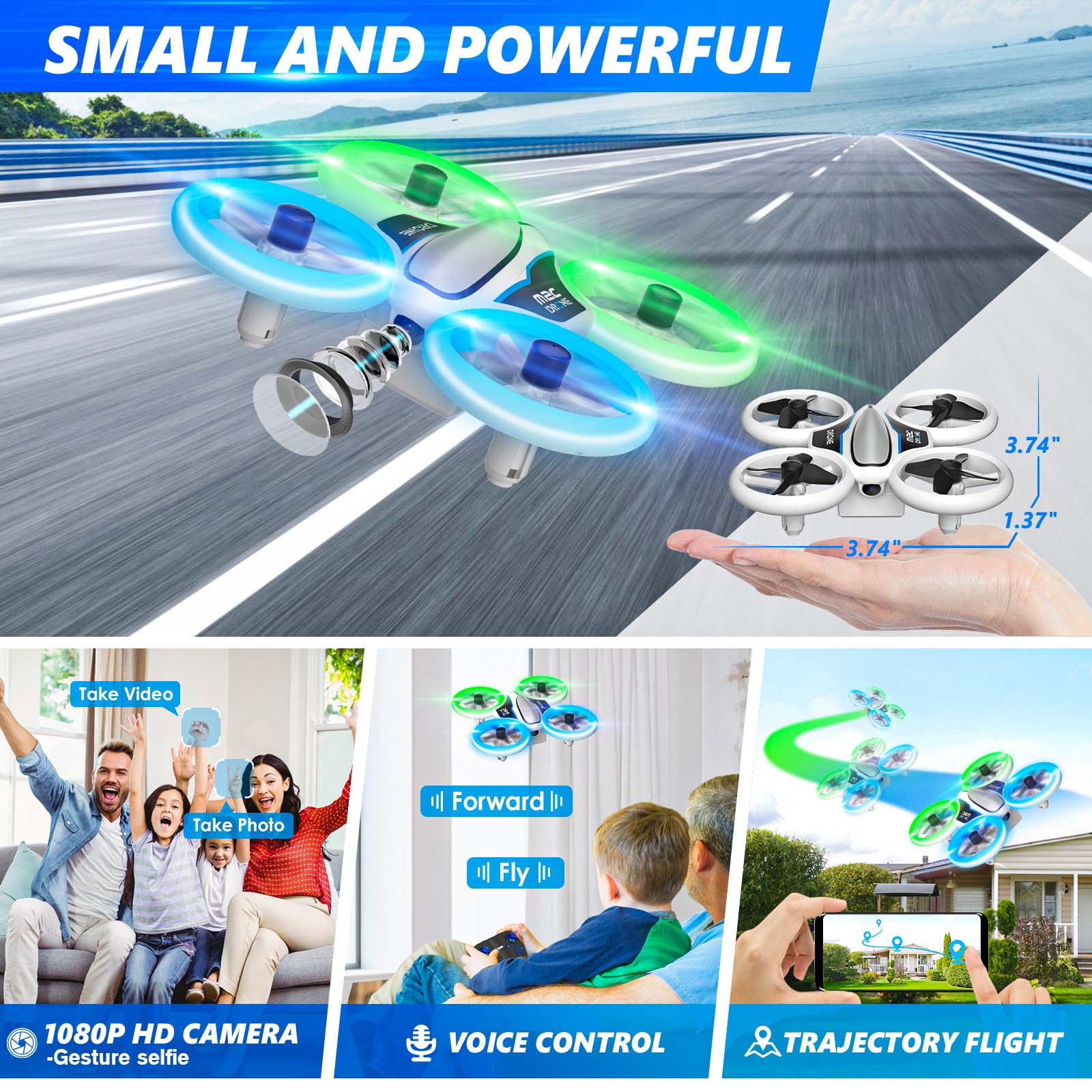 M2C Mini Drone for Kids and Beginners with Camera 1080P HD FPV RC Nano Quadcopter Indoor Small Helicopter Airplane with LED Light,Altitude Hold,Gesture Selfie and 3D Flips, 3 Batteries, Easy to Fly,Birthday and Xmas Gifts Toys for Boys and Girls (Blue)