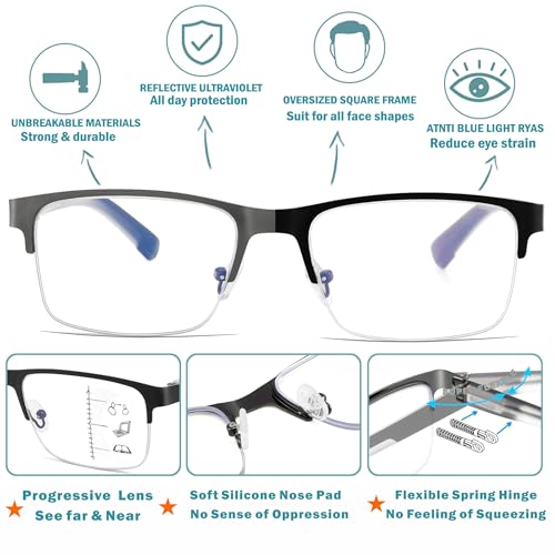 Bifocal Reading Glasses for Men, No Line Bifocals Progressive MultiFocus Readers, Wide Clear Top Transition Non Prescription Multifocal Eyeglasses,Large Anti Blue Light Multi focals Half Frame +2.5