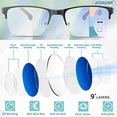 Bifocal Reading Glasses for Men, No Line Bifocals Progressive MultiFocus Readers, Wide Clear Top Transition Non Prescription Multifocal Eyeglasses,Large Anti Blue Light Multi focals Half Frame +2.5