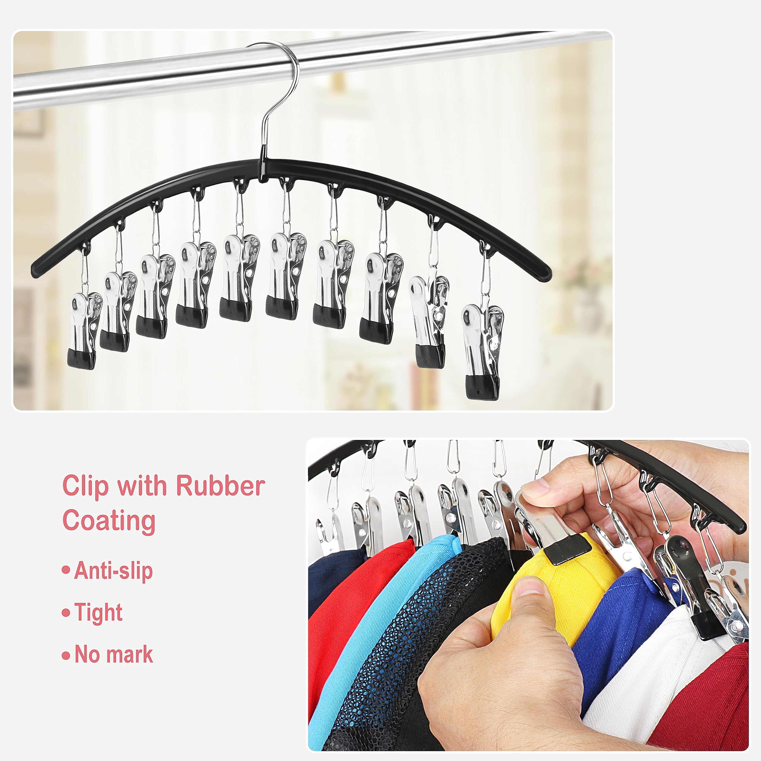 Hat Organizer for Baseball Caps, Hat Hanger 2Pcs with 10 Clips Holds 20 Hats/Leggings/Pants, Closet Organizers and Storage w/Rubber Coated, Leaving No Mark, Space Saving