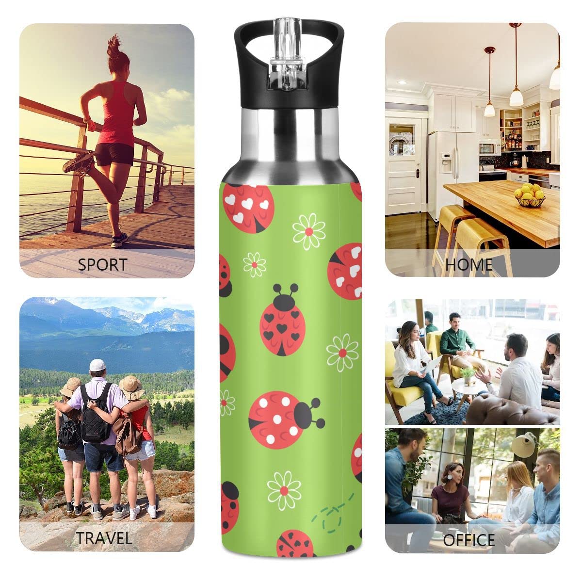 xigua Ladybug Water Bottle Double Walled Stainless Steel Leak Proof Thermo Flask for Sports Gym Cycling Outdoor,20 oz.