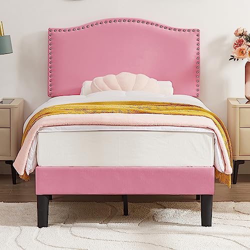 VECELO Twin Bed Frame Platform Bed Frame with Upholstered Headboard, Strong Frame and Wooden Slats Support, Strong Weight Capacity, Non-Slip and Noise-Free, Easy Assembly,Pink