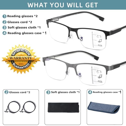 Bifocal Reading Glasses for Men, No Line Bifocals Progressive MultiFocus Readers, Wide Clear Top Transition Non Prescription Multifocal Eyeglasses,Large Anti Blue Light Multi focals Half Frame +2.5