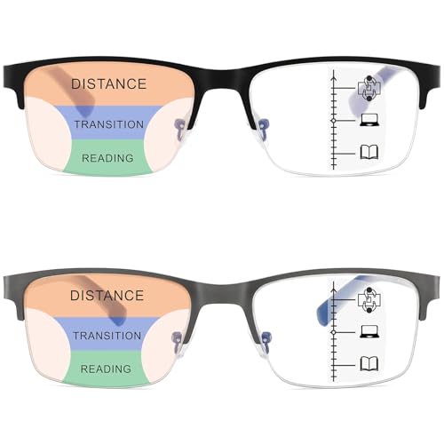 Bifocal Reading Glasses for Men, No Line Bifocals Progressive MultiFocus Readers, Wide Clear Top Transition Non Prescription Multifocal Eyeglasses,Large Anti Blue Light Multi focals Half Frame +2.5