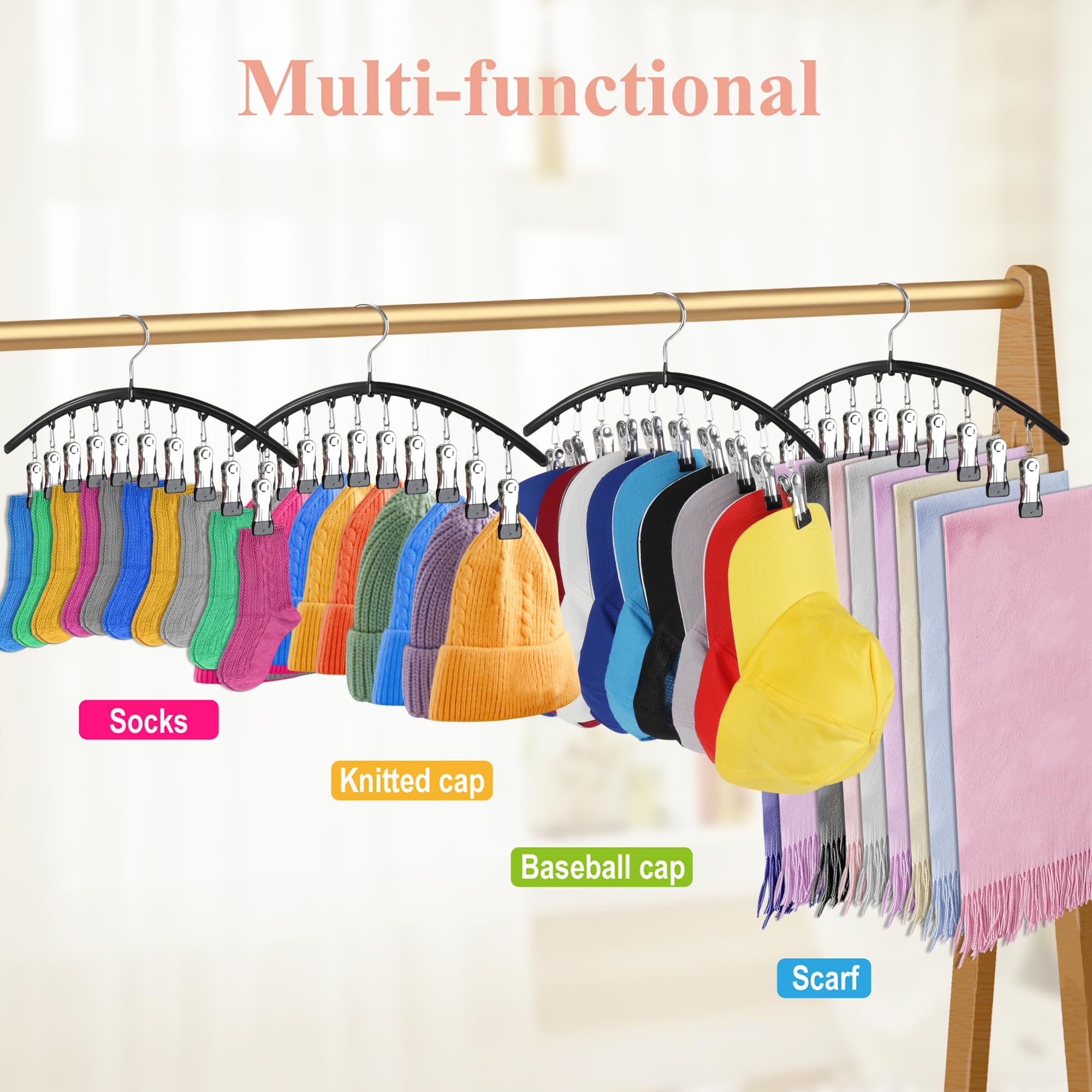 Hat Organizer for Baseball Caps, Hat Hanger 2Pcs with 10 Clips Holds 20 Hats/Leggings/Pants, Closet Organizers and Storage w/Rubber Coated, Leaving No Mark, Space Saving