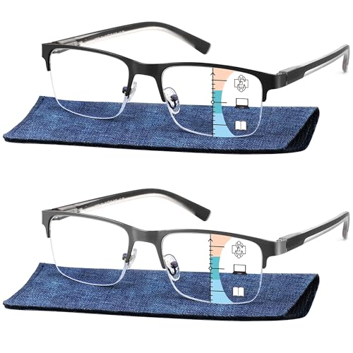 Bifocal Reading Glasses for Men, No Line Bifocals Progressive MultiFocus Readers, Wide Clear Top Transition Non Prescription Multifocal Eyeglasses,Large Anti Blue Light Multi focals Half Frame +2.5