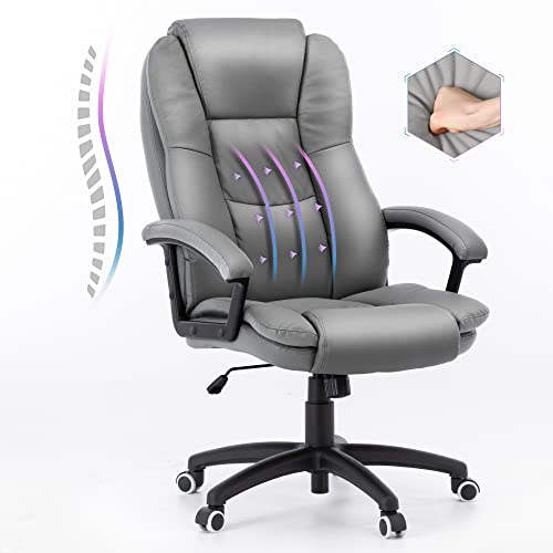 High Back Big and Tall Leather Office Chair, Ergonomic Grey Executive Chair, Comfortable Padded Office Chair Adjustable Height Bonded Leather Chairs with Cushions Armrest for Long Time Seating (Grey)
