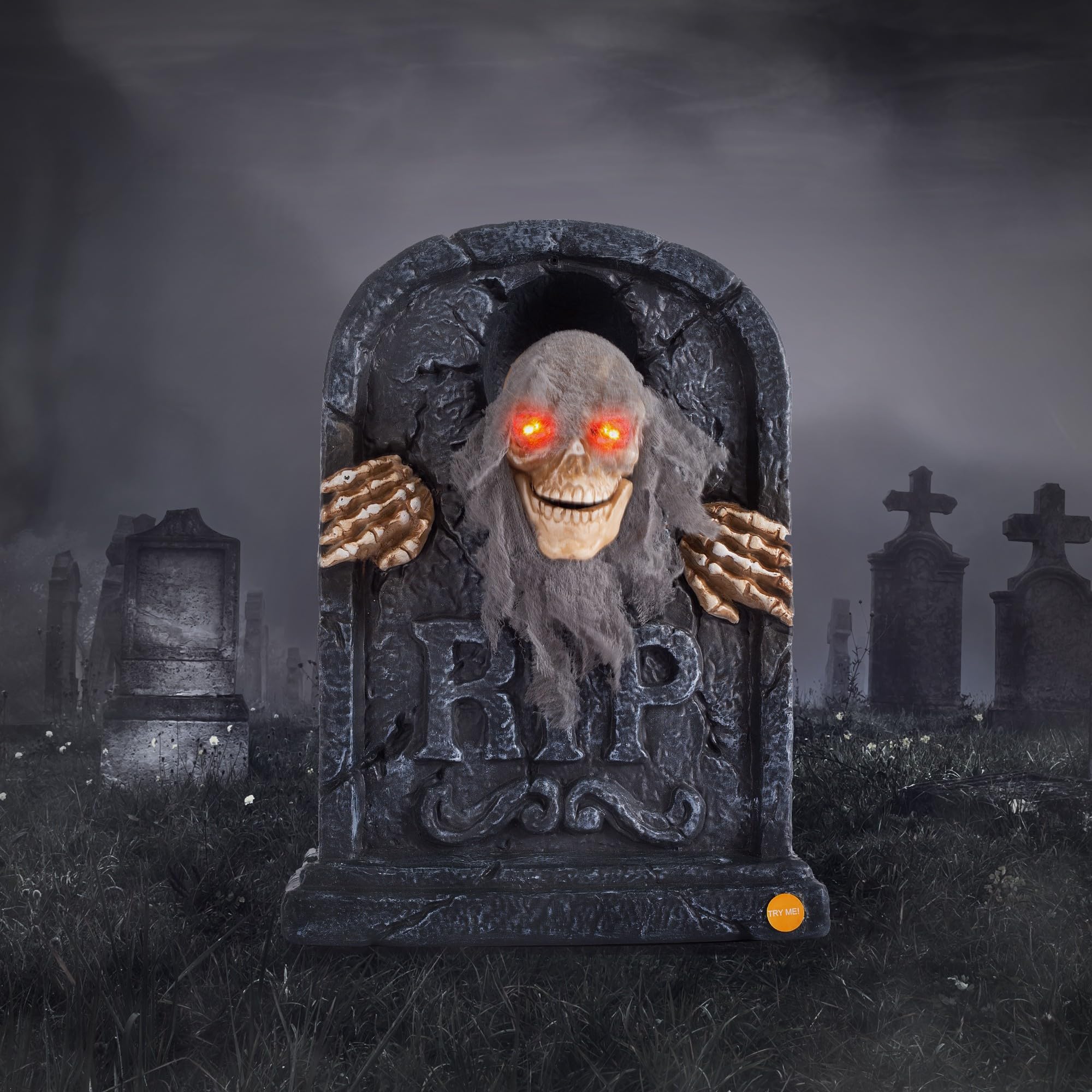ELAMAS Halloween Animated Zombie Tombstone - Animatronic Skeleton Decorations with Sound Activated, Creepy Voice, Spooky Skull Head, Light Up Eyes, Scary Motion, Horror Prop for Indoor/Outdoor