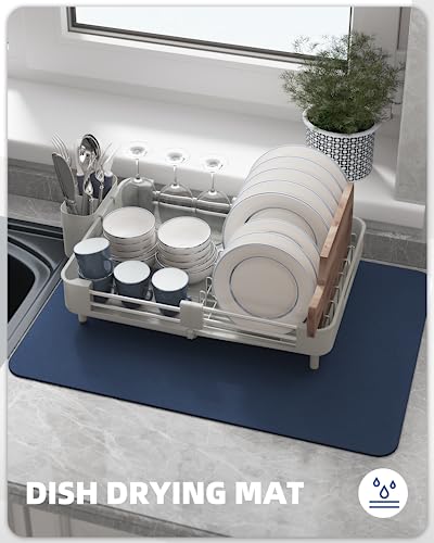 Color&Geometry Dish Drying Mats for Kitchen Counter, Dish Drying Rack Mat Strong Absorbent Water and Quick Dry , Kitchen Counter Mat Non Slip, Blue Coffee Maker Mat, 16"X24"
