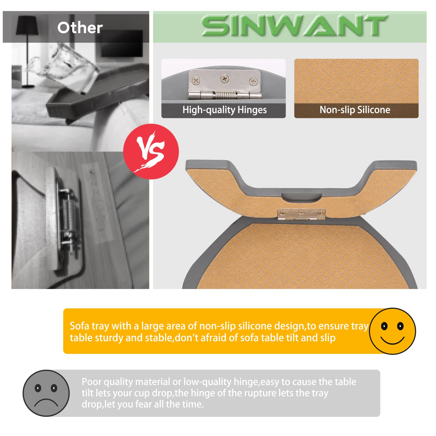 SINWANT Couch Arm Table, Bamboo Round Sofa Clip Tray Table with 360° Rotating Phone Holder,Sofa Arm Tray for Arm Chair Table, Folding Snack Eating Drink Tables