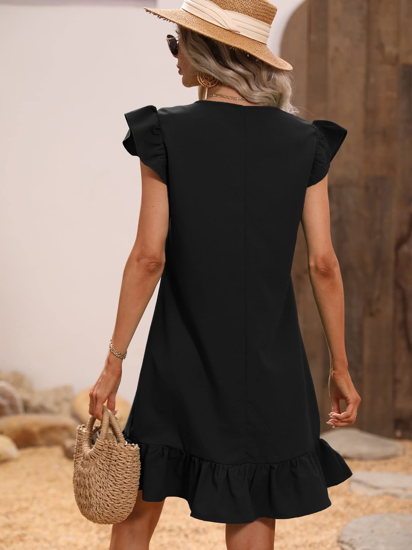 SOLY HUX Summer Dresses for Women V Neck Cap Sleeve Ruffle Hem Smock Short Dress Solid Black M