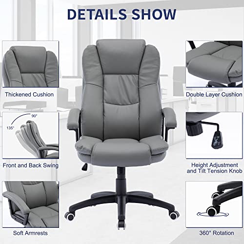 High Back Big and Tall Leather Office Chair, Ergonomic Grey Executive Chair, Comfortable Padded Office Chair Adjustable Height Bonded Leather Chairs with Cushions Armrest for Long Time Seating (Grey)