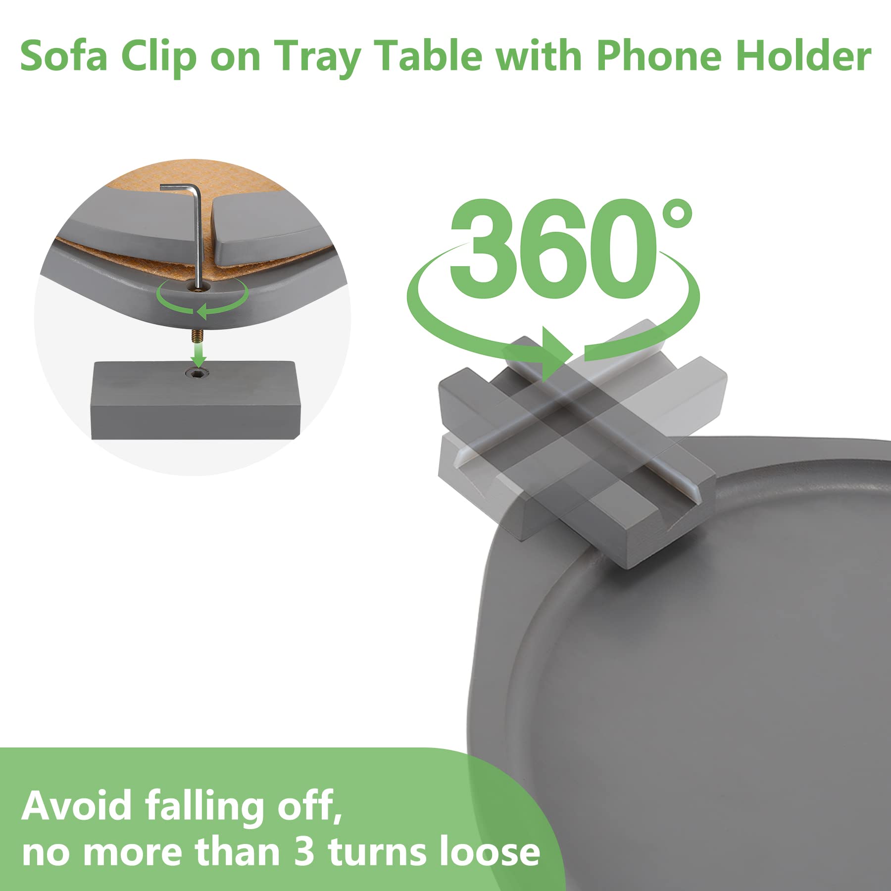SINWANT Couch Arm Table, Bamboo Round Sofa Clip Tray Table with 360° Rotating Phone Holder,Sofa Arm Tray for Arm Chair Table, Folding Snack Eating Drink Tables