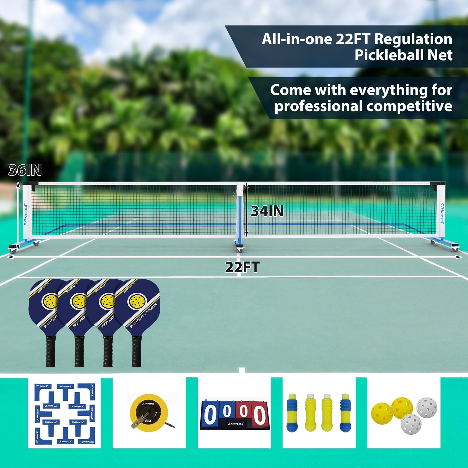 JOGENMAX Portable Pickleball Net System with Lockable Wheels, Metal Frame Pickleball Court with LED Light, Regulation Size Net with Durable Carrying Bag, and 4 Pickleball Rackets.