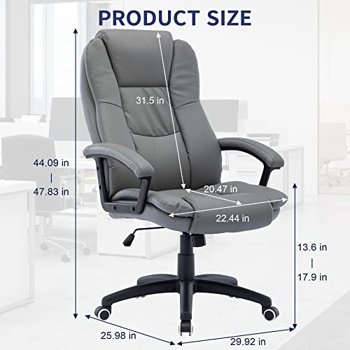 High Back Big and Tall Leather Office Chair, Ergonomic Grey Executive Chair, Comfortable Padded Office Chair Adjustable Height Bonded Leather Chairs with Cushions Armrest for Long Time Seating (Grey)