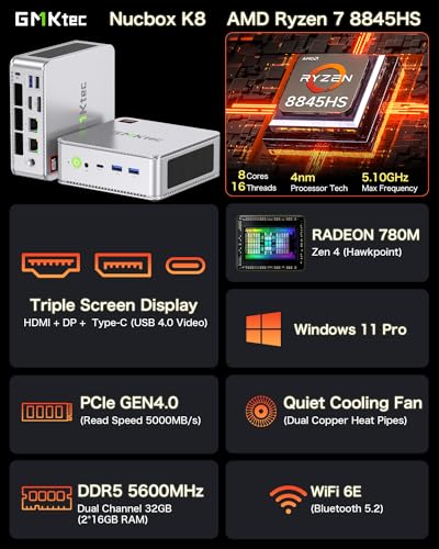 GMKtec K8 Gaming Mini PC Dual LAN 2.5Gbps AMD Ryzen 7 8845HS Desktop Computer, 16GB DDR5 Dual Channel (8GB*2) 512GB PCIe4.0 SSD, USB4.0, HDMI, DP, USB-C, WiFi 6E, BT 5.2