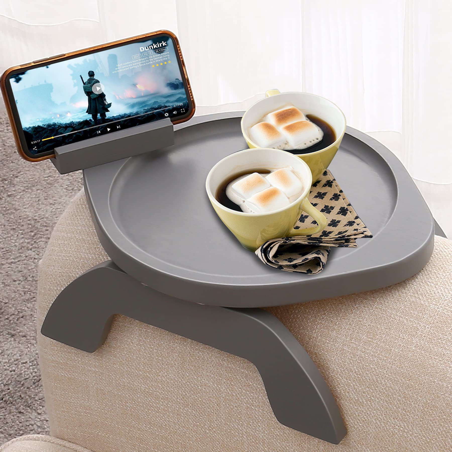 SINWANT Couch Arm Table, Bamboo Round Sofa Clip Tray Table with 360° Rotating Phone Holder,Sofa Arm Tray for Arm Chair Table, Folding Snack Eating Drink Tables