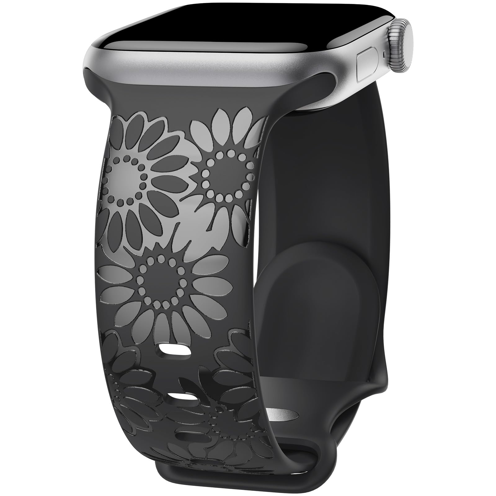 Sunflower Engraved Band Compatible with Apple Watch Bands 38mm 40mm 41mm 42mm 44mm 45mm 49mm Women, Designer Soft Glossy Floral Silicone Strap for iWatch Series Ultra 9 8 7 6 SE 5 4 3 2, Black-38