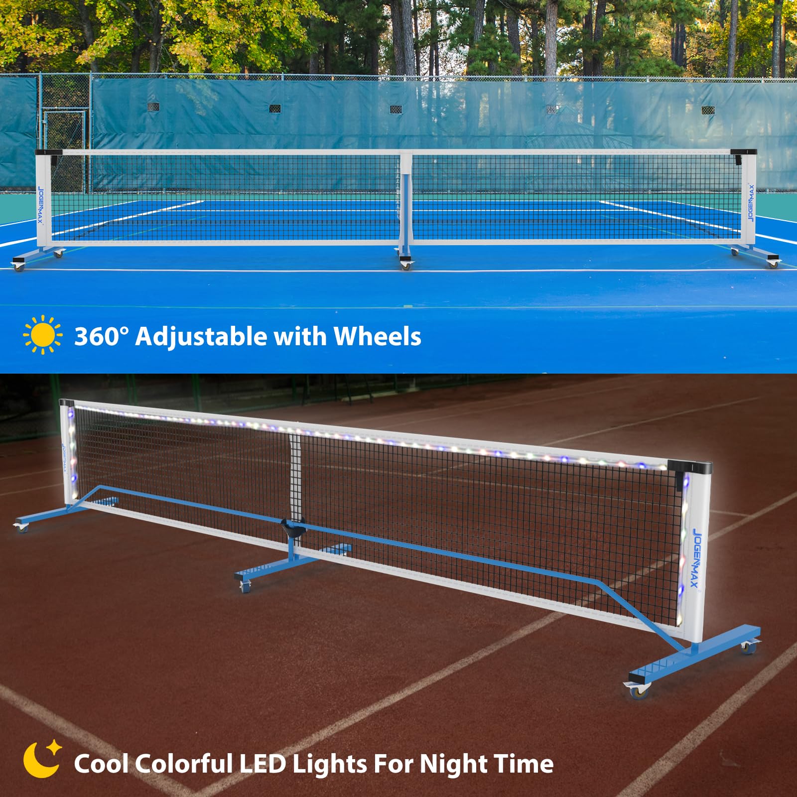 JOGENMAX Portable Pickleball Net System with Lockable Wheels, Metal Frame Pickleball Court with LED Light, Regulation Size Net with Durable Carrying Bag, and 4 Pickleball Rackets.