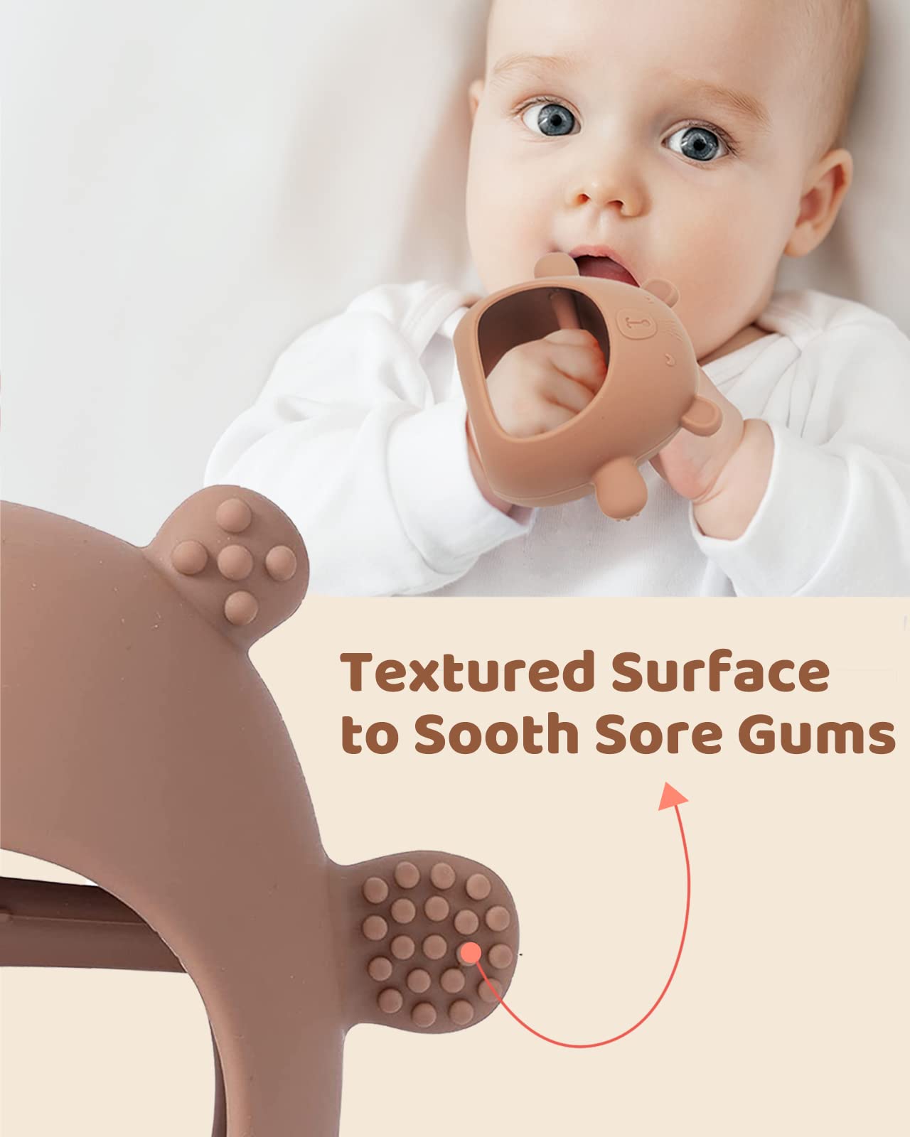 3 Packs Baby Teething Toy Silicone Bear Teething Mitten for Babies Over 3 Months Anti Dropping Wrist Hand Teethers Baby Chew Toys for Sucking Needs, BPA Free (Pink, Brown & Red) (Pink, Coral, Caramel)