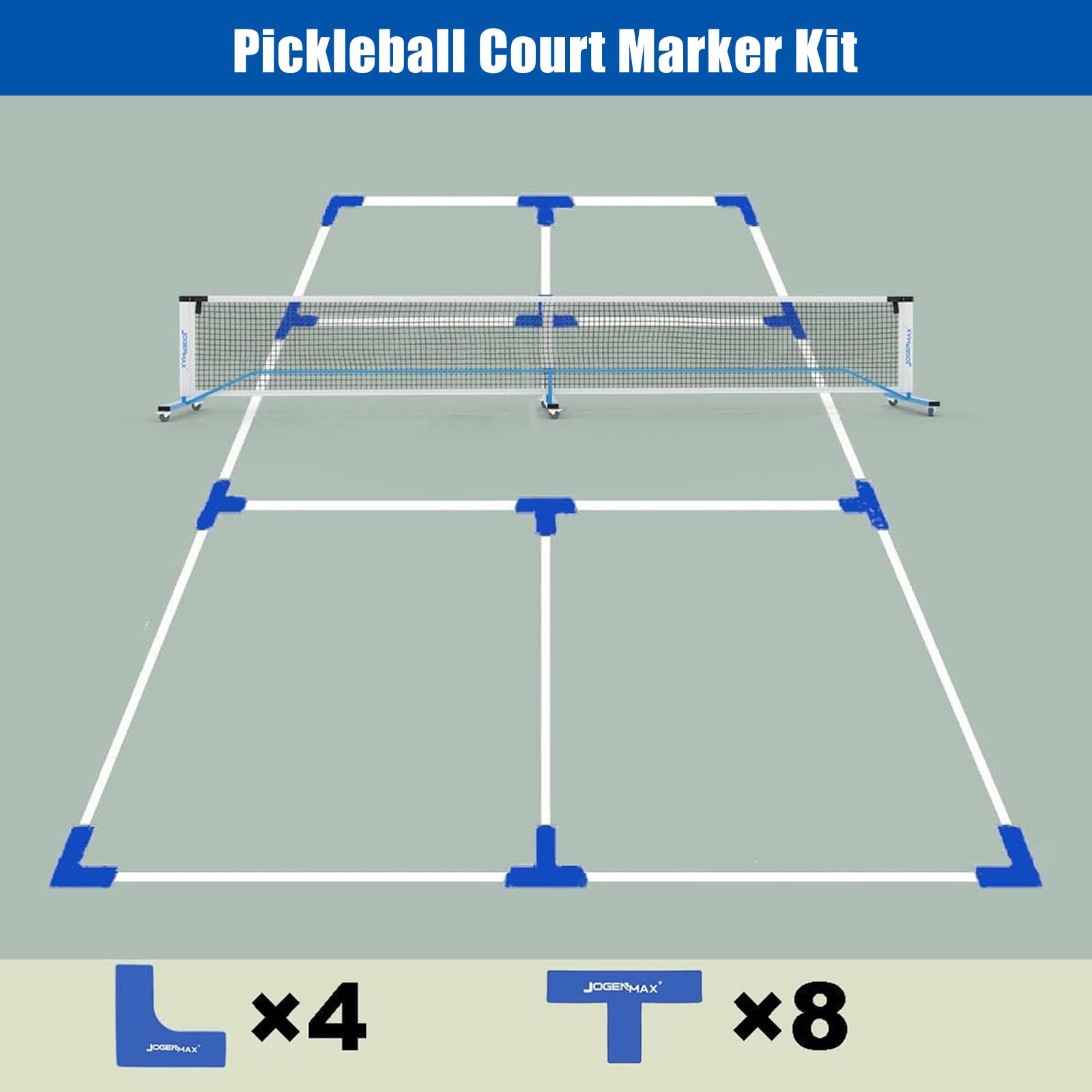JOGENMAX Portable Pickleball Net System with Lockable Wheels, Metal Frame Pickleball Court with LED Light, Regulation Size Net with Durable Carrying Bag, and 4 Pickleball Rackets.