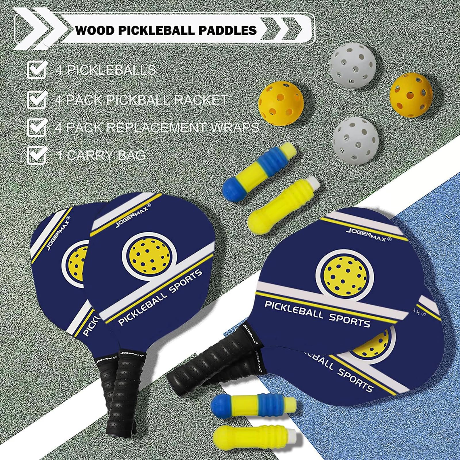 JOGENMAX Portable Pickleball Net System with Lockable Wheels, Metal Frame Pickleball Court with LED Light, Regulation Size Net with Durable Carrying Bag, and 4 Pickleball Rackets.