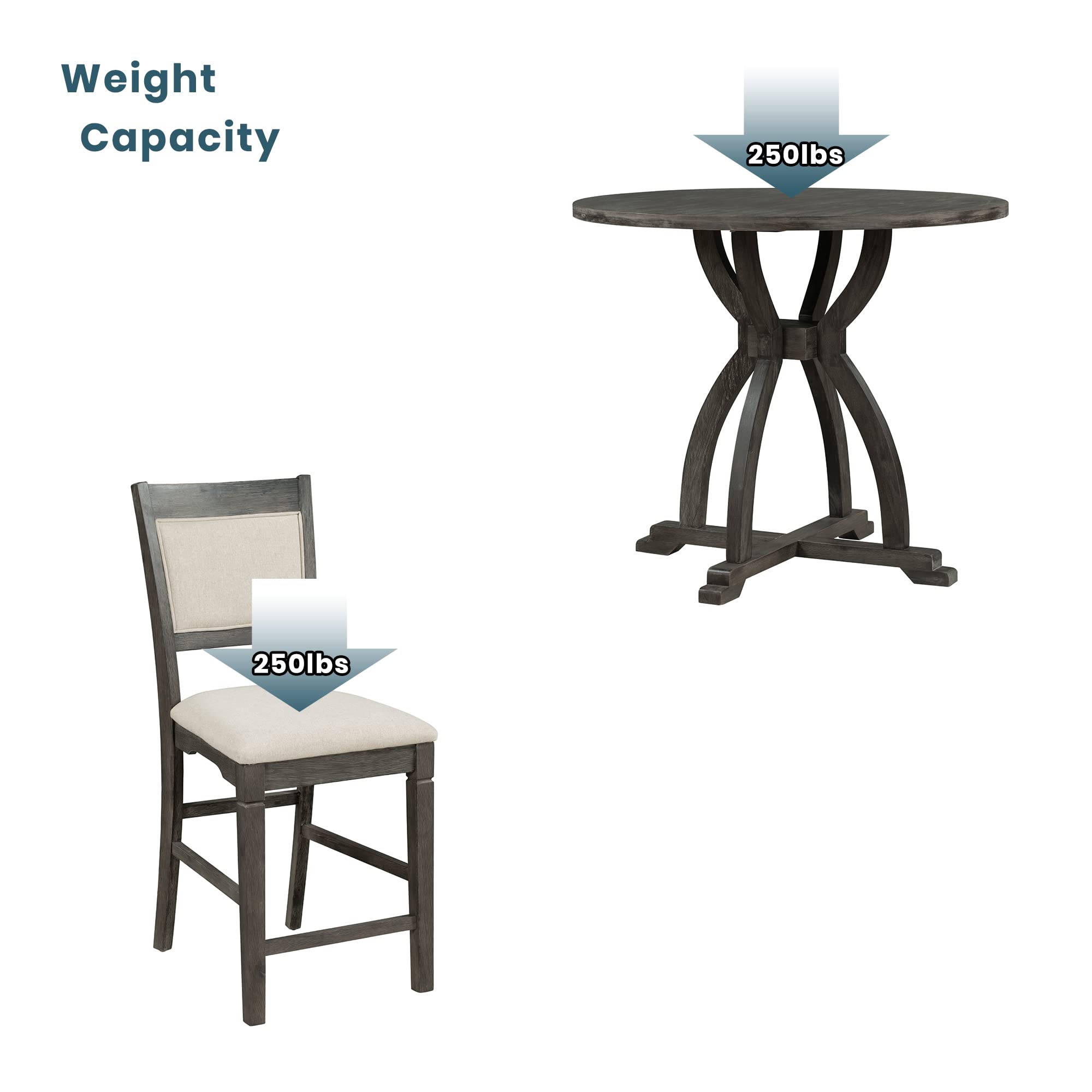 Bellemave Round Dining Set 5-Piece Farmhouse Kitchen Table and Chairs for 4, Wood Round Dining Table Set with Trestle Legs and 4 Upholstered Dining Chairs for Small Place, White Gray