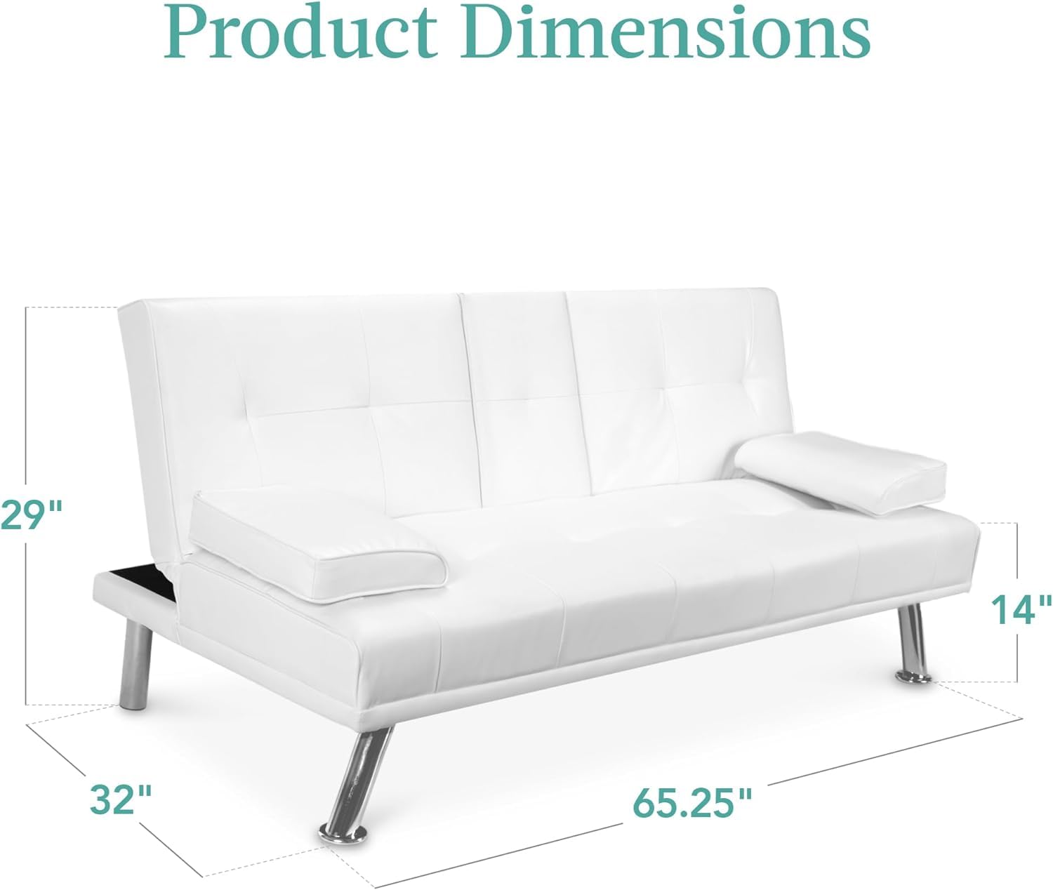 Convertible Folding Futon Sofa Bed with Metal Legs & 2 Cupholders, Modern Fabric Linen Upholstered Couch Loveseat Sleeper, Folding Couches Bed, Removable Armrests for for Small Spaces (White)