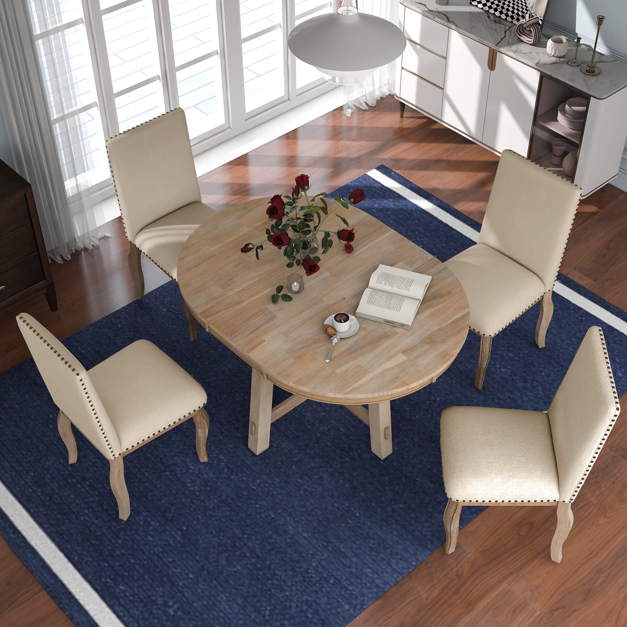 Eafurn Round Kitchen Table & Chairs for 4 4,5-Piece Farmhouse Dining Sets, Include Wooden Extendable Four Upholstered Curved Shaped Living Room, 42 x 42 x 30 inches, Natural Wood Wash