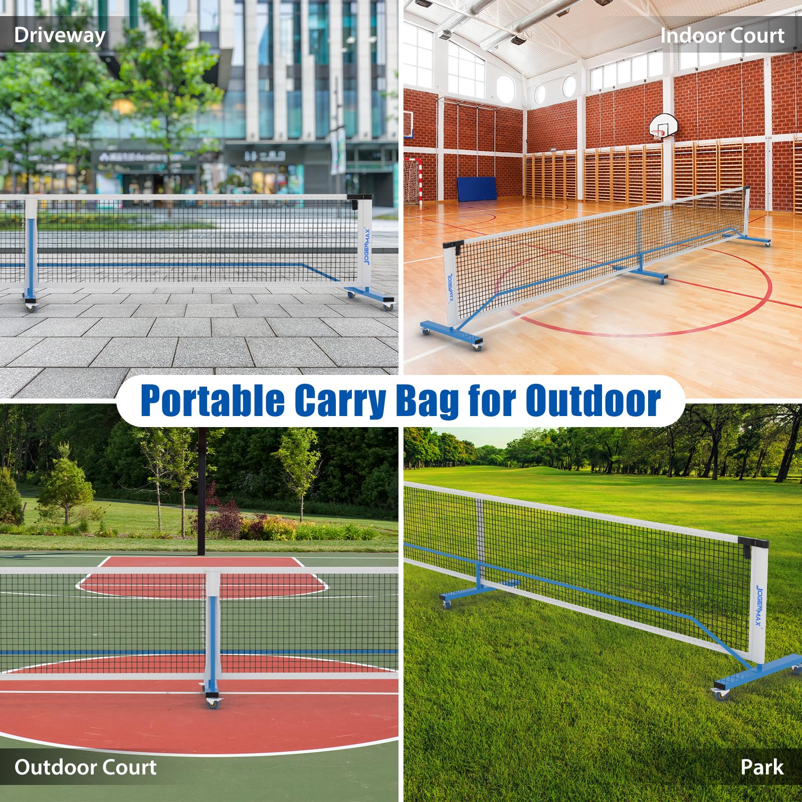 JOGENMAX Portable Pickleball Net System with Lockable Wheels, Metal Frame Pickleball Court with LED Light, Regulation Size Net with Durable Carrying Bag, and 4 Pickleball Rackets.