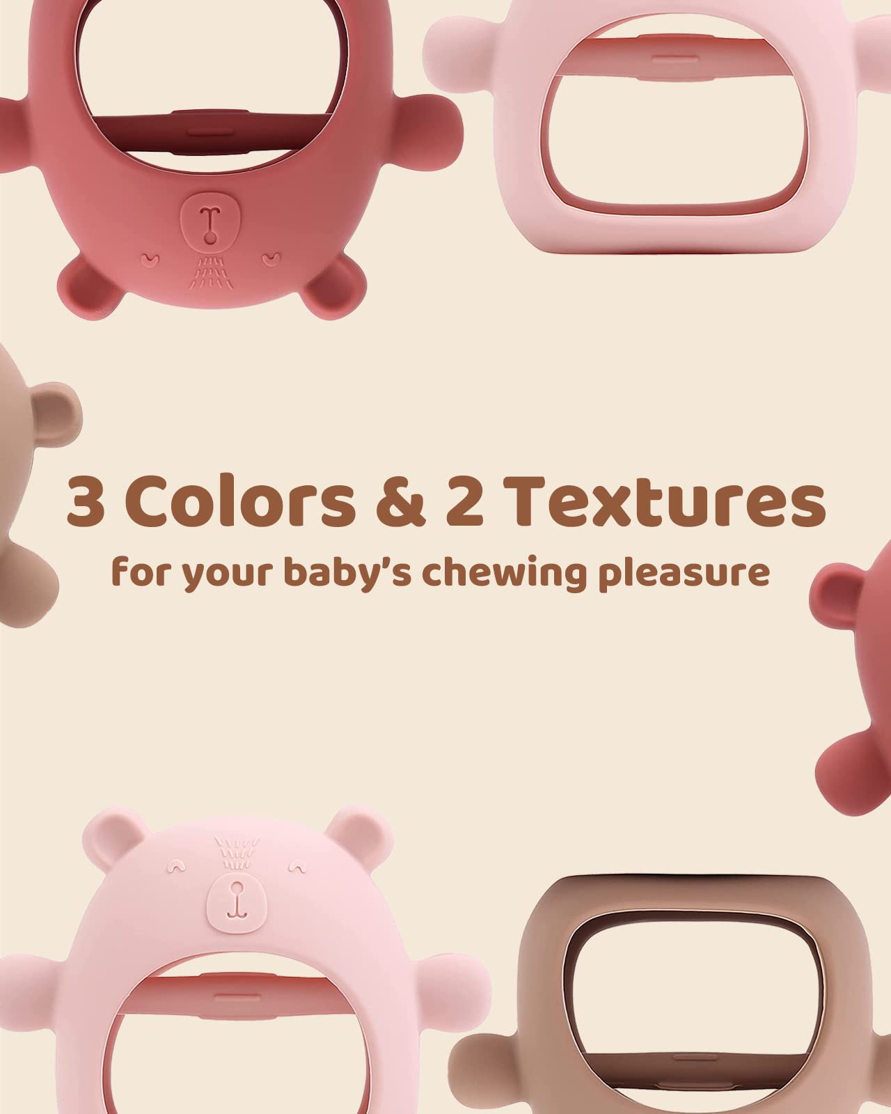 3 Packs Baby Teething Toy Silicone Bear Teething Mitten for Babies Over 3 Months Anti Dropping Wrist Hand Teethers Baby Chew Toys for Sucking Needs, BPA Free (Pink, Brown & Red) (Pink, Coral, Caramel)