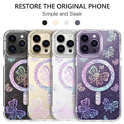 GUAGUA for iPhone 14 Pro Max Magnetic Case, Compatible with Magsafe Clear Glitter Butterfly Slim TPU Transparent Shockproof Protective Bling Phone Case for iPhone 14 Pro Max 6.7", Fantasy Butterfly