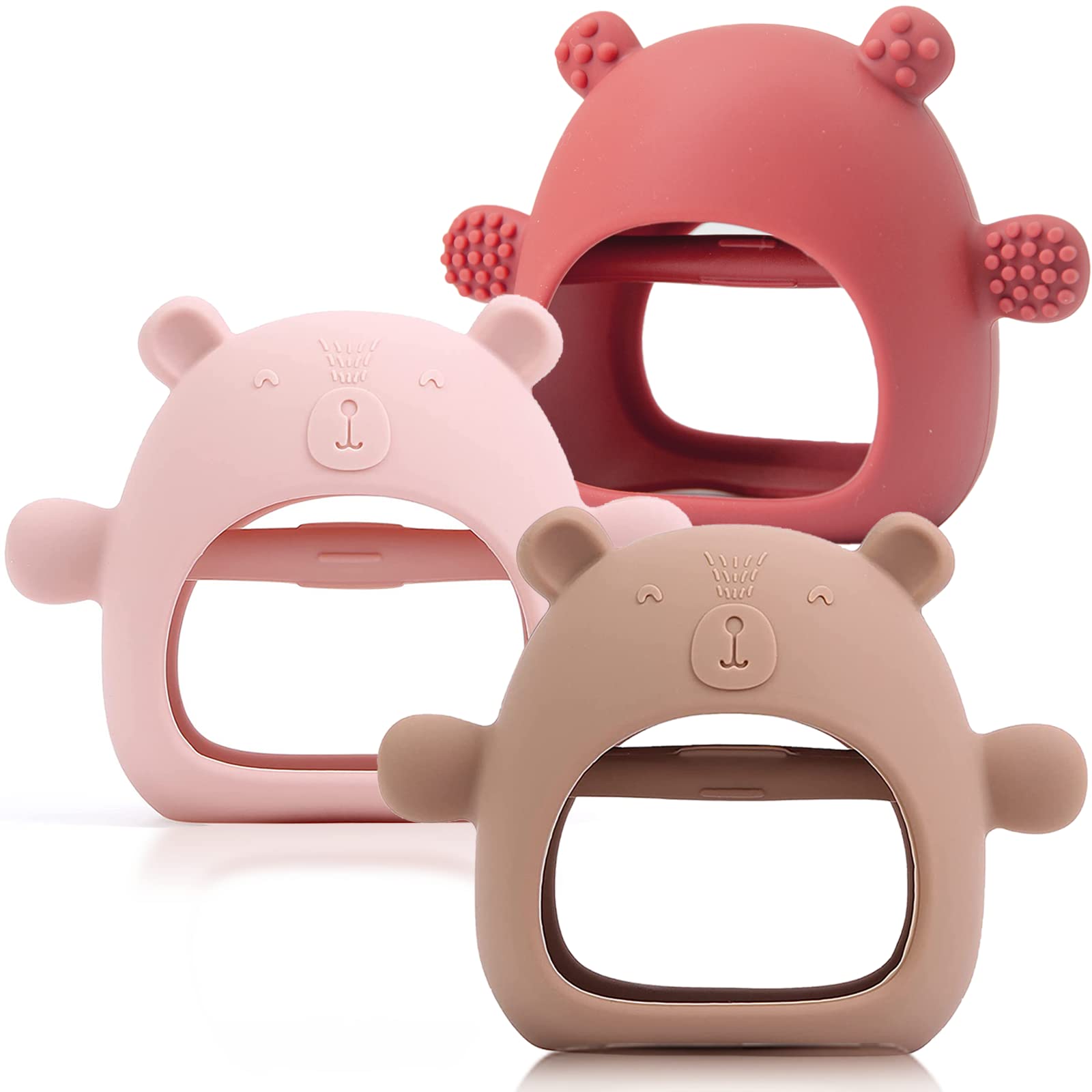 3 Packs Baby Teething Toy Silicone Bear Teething Mitten for Babies Over 3 Months Anti Dropping Wrist Hand Teethers Baby Chew Toys for Sucking Needs, BPA Free (Pink, Brown & Red) (Pink, Coral, Caramel)