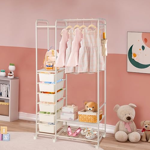 PACHIRA E-Commerce Rolling Clothes Rack for Hanging Clothes 6 Drawers, White Clothing Racks on Wheels Freestanding Clothing Garment Rack 37" W x 14.5" D x 66" H