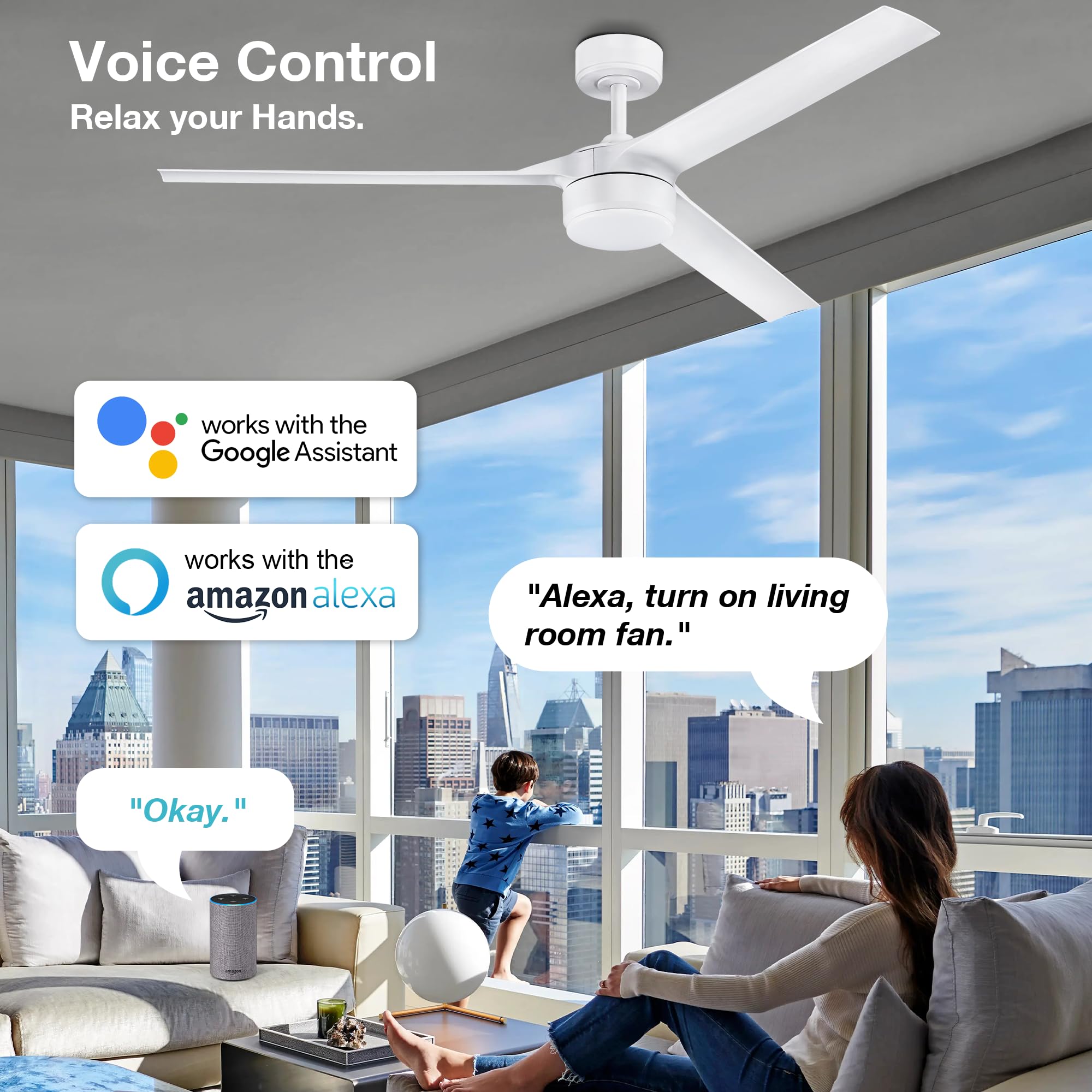 cumilo 60” Large Smart Ceiling Fans with LED Lights and Remote,Quiet DC Motor,Dimmable,Outdoor Indoor Matte White Ceiling Fan Controlled by WIFI Alexa App,Modern 3 Blade for Bedroom Living Room Patio