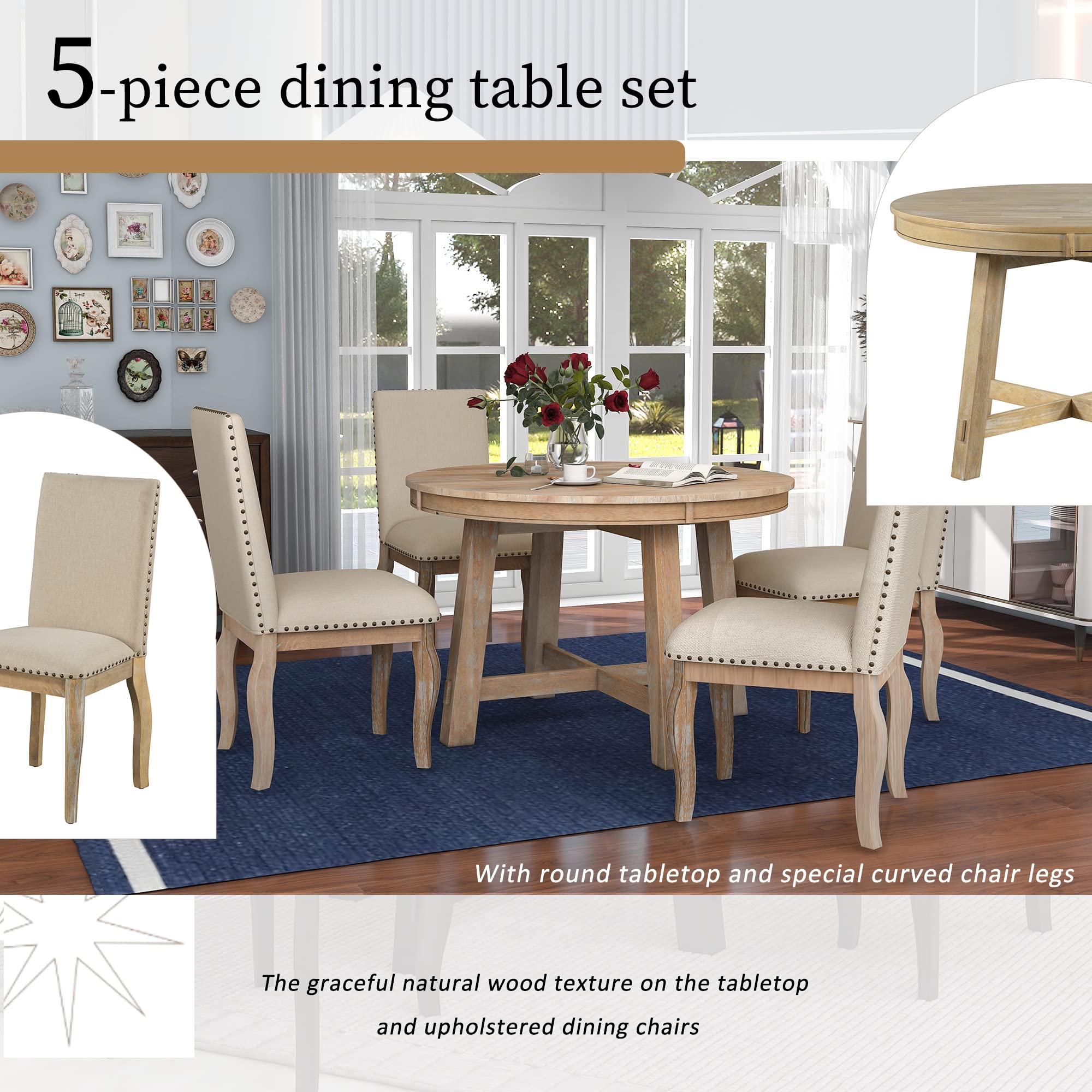 Eafurn Round Kitchen Table & Chairs for 4 4,5-Piece Farmhouse Dining Sets, Include Wooden Extendable Four Upholstered Curved Shaped Living Room, 42 x 42 x 30 inches, Natural Wood Wash
