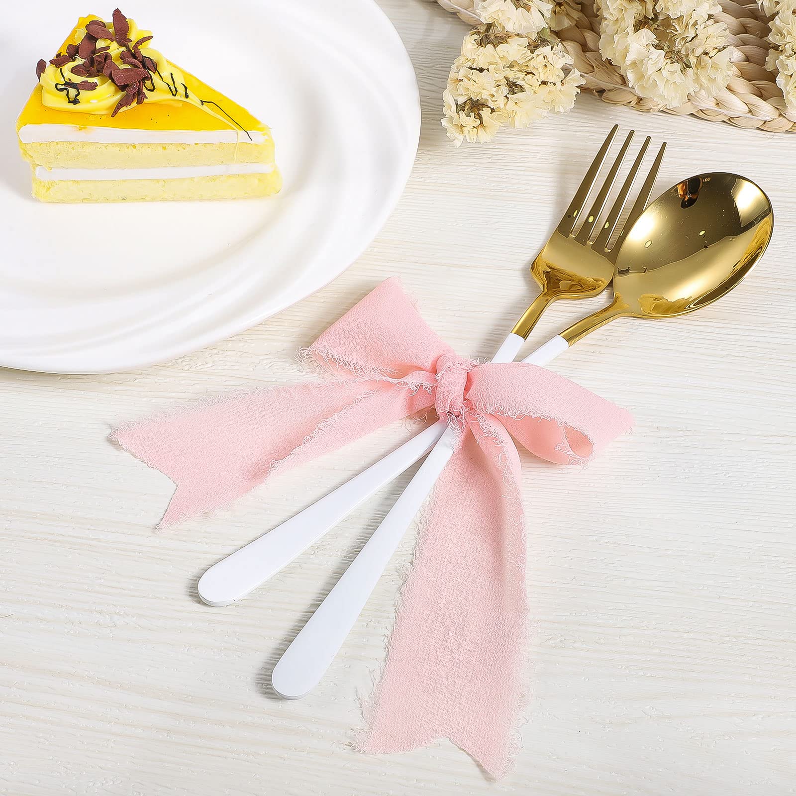 Pink & Cream Chiffon Ribbon for Gift Wrapping, 1.5 Inch × 8 Yards Pink Ribbon for Wedding Party Decorations, Flower Bouquet Wrapping Pink Bows Making(4 Rolls )