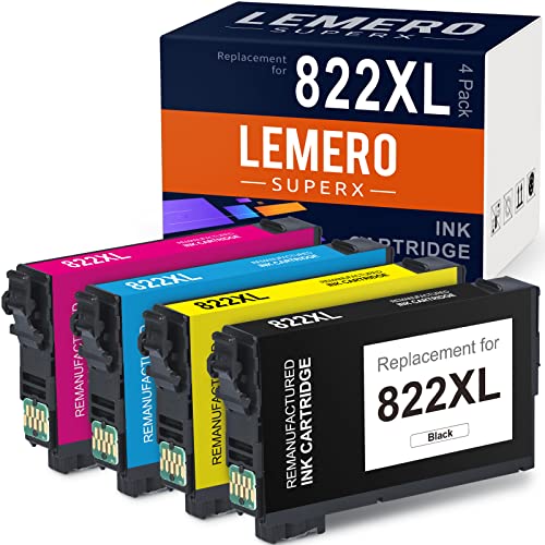 822XL LemeroSuperx Remanufactured Ink Cartridges Replacement for Epson 822XL 822 XL Combo Pack, for WF-3820 WF-4820 WF-4830 WF-4834 WF-4833 Printer Ink (Black Cyan Magenta Yellow, 4 Pack)
