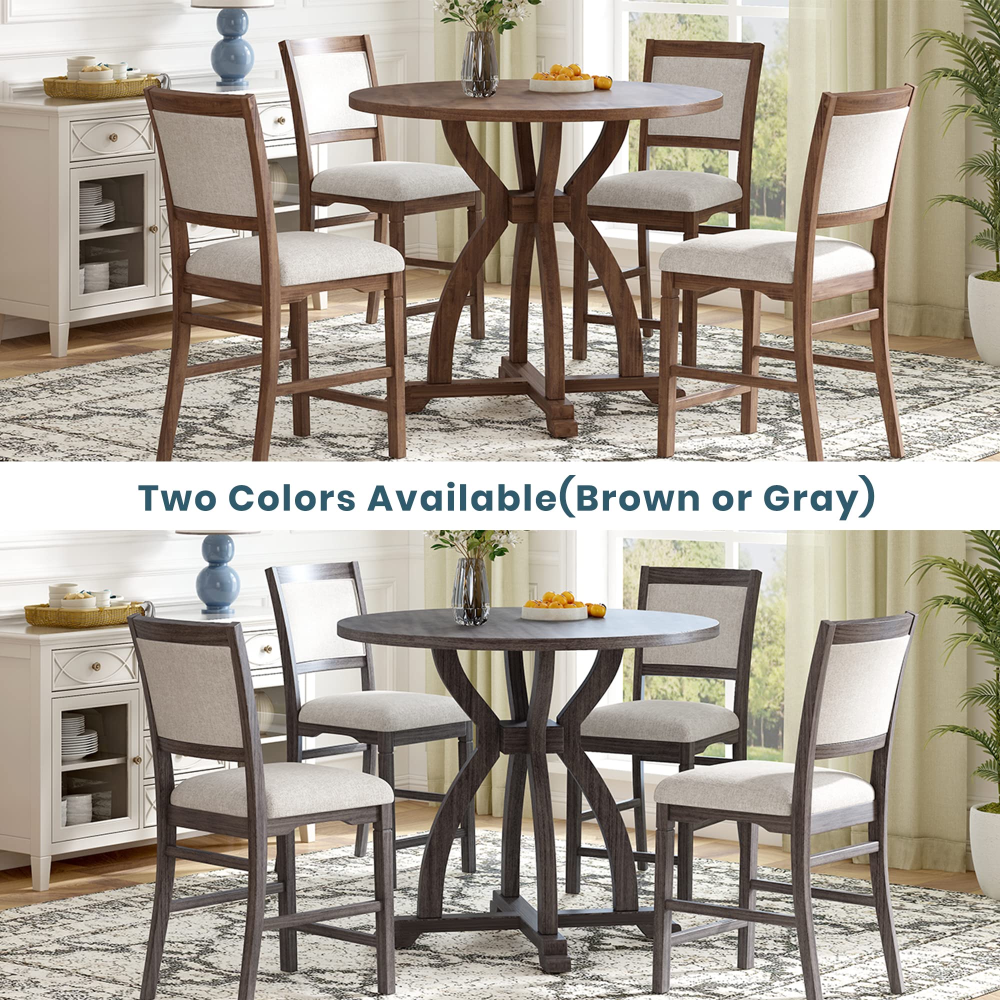 Bellemave Round Dining Set 5-Piece Farmhouse Kitchen Table and Chairs for 4, Wood Round Dining Table Set with Trestle Legs and 4 Upholstered Dining Chairs for Small Place, White Gray