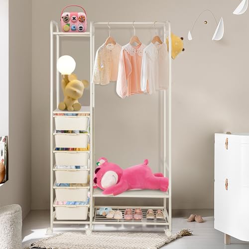 PACHIRA E-Commerce Rolling Clothes Rack for Hanging Clothes 6 Drawers, White Clothing Racks on Wheels Freestanding Clothing Garment Rack 37" W x 14.5" D x 66" H