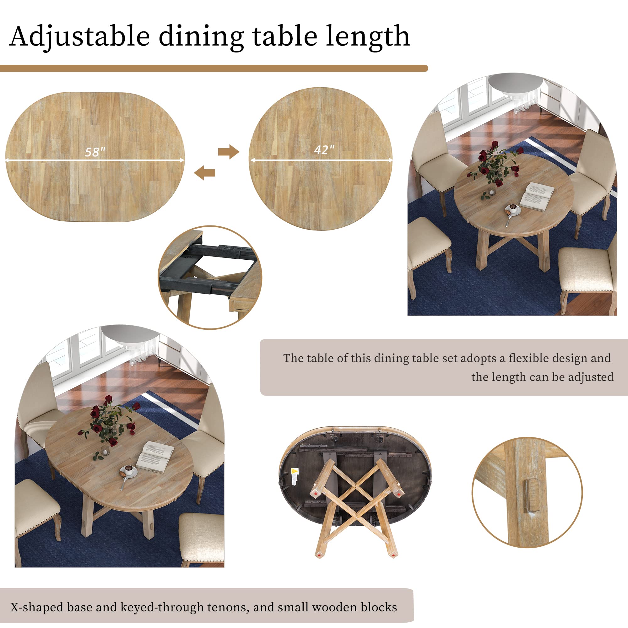 Eafurn Round Kitchen Table & Chairs for 4 4,5-Piece Farmhouse Dining Sets, Include Wooden Extendable Four Upholstered Curved Shaped Living Room, 42 x 42 x 30 inches, Natural Wood Wash