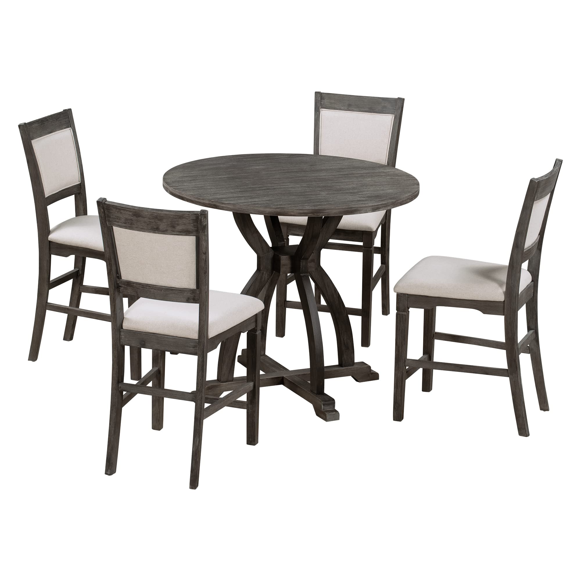 Bellemave Round Dining Set 5-Piece Farmhouse Kitchen Table and Chairs for 4, Wood Round Dining Table Set with Trestle Legs and 4 Upholstered Dining Chairs for Small Place, White Gray