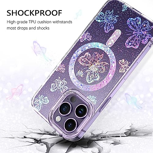 GUAGUA for iPhone 14 Pro Max Magnetic Case, Compatible with Magsafe Clear Glitter Butterfly Slim TPU Transparent Shockproof Protective Bling Phone Case for iPhone 14 Pro Max 6.7", Fantasy Butterfly