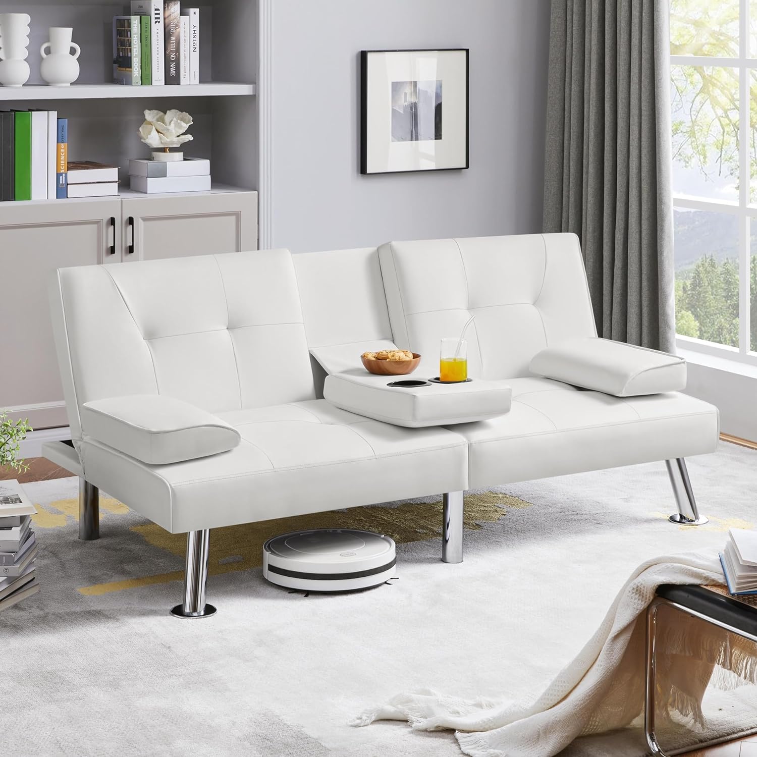 Convertible Folding Futon Sofa Bed with Metal Legs & 2 Cupholders, Modern Fabric Linen Upholstered Couch Loveseat Sleeper, Folding Couches Bed, Removable Armrests for for Small Spaces (White)